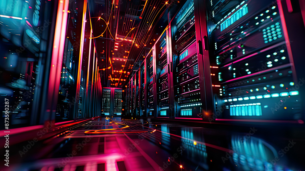 Photorealistic 3D image of a data center room with interconnected ...