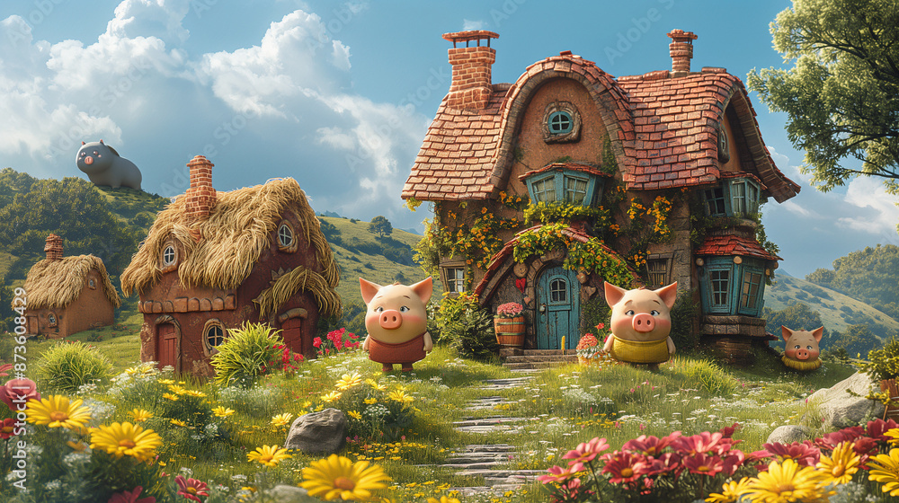 A lively and whimsical scene featuring the three little pigs, each ...