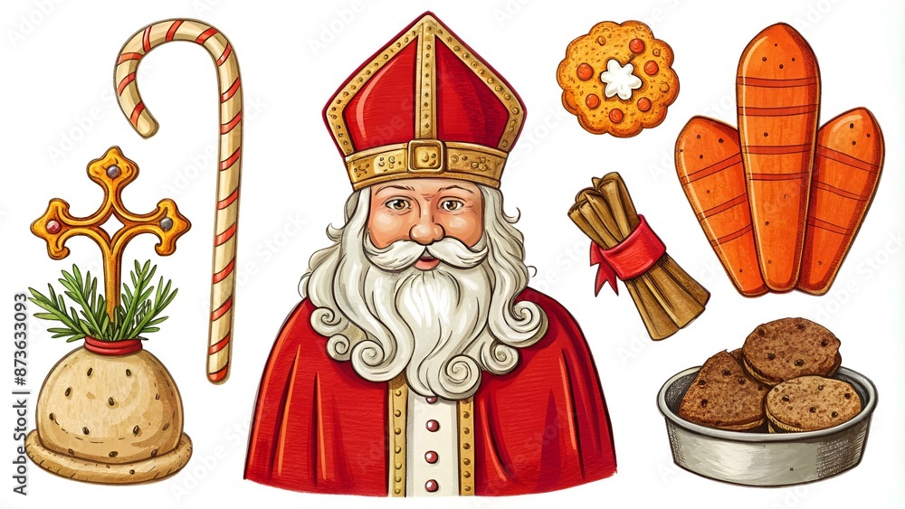 Saint Nicholas of Sinterklaas doodle outline clip art set. St Nick ...