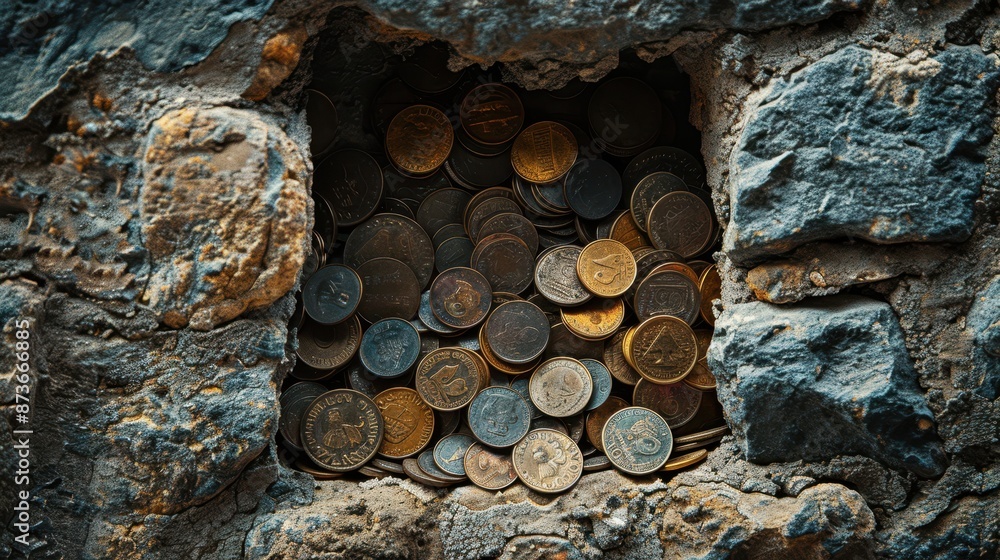 Chest of ancient coins visible through a small wall hole, pirate ...