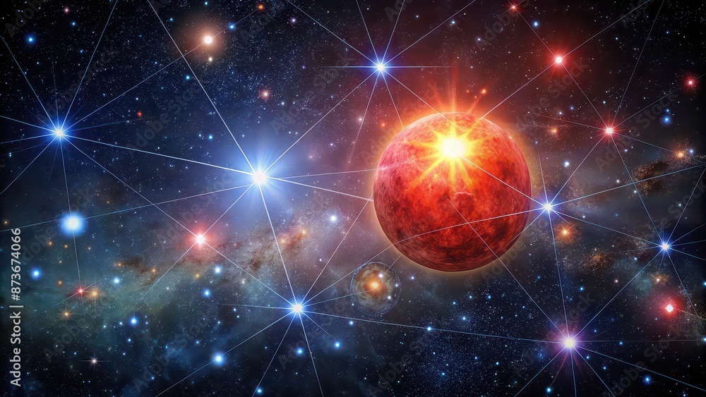 Red supergiant star Betelgeuse in the constellation Orion with star map ...