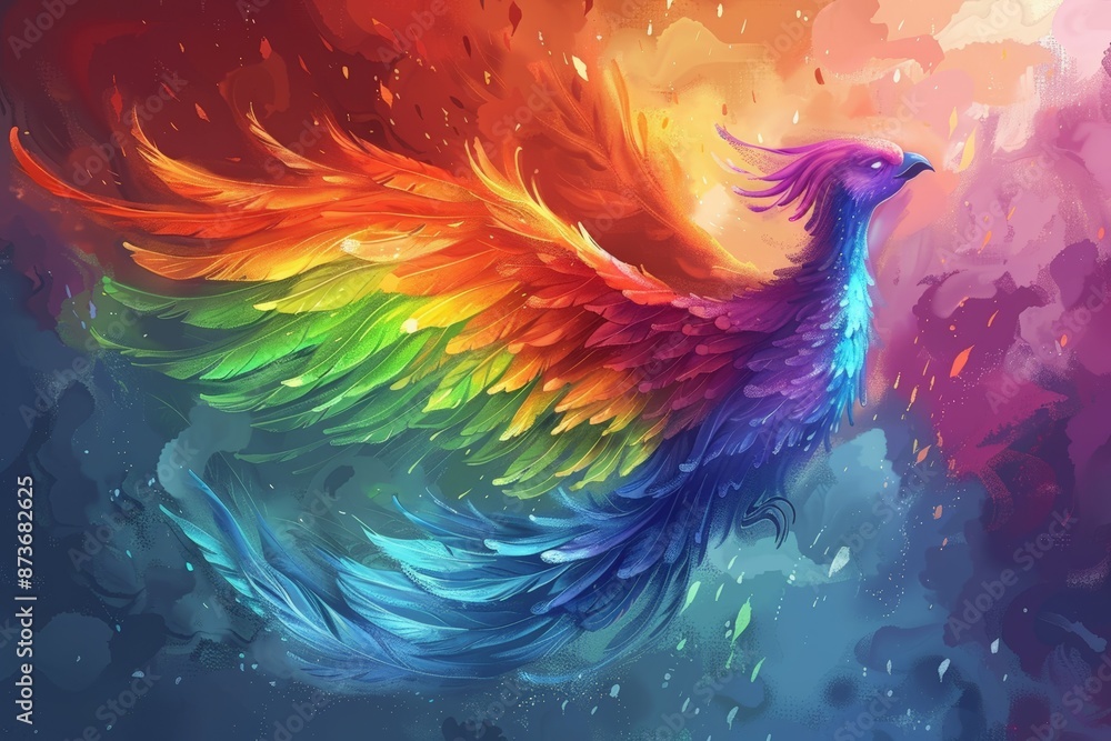 Rainbow-colored phoenix with flowing feathers, symbolizing LGBTQ+ pride ...