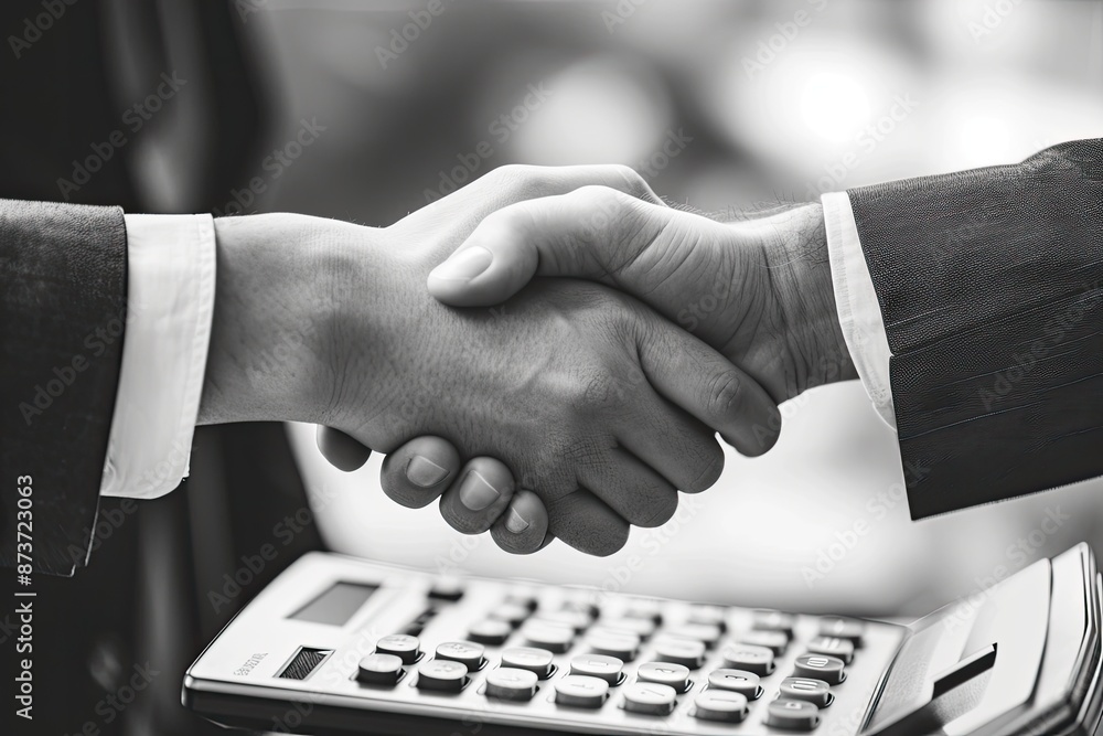 a black and white photo of two people shaking hands, Merge a calculator ...