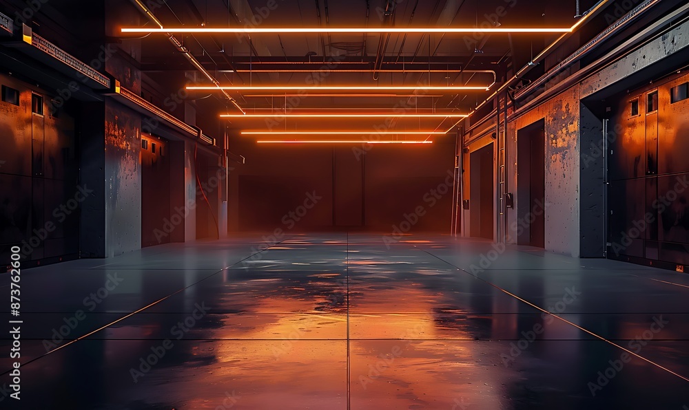 Empty room underground cyber sci-fi futuristic neon orange blue glowing ...