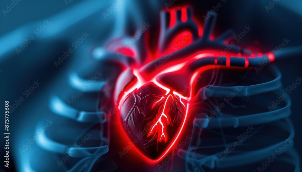 Detailed 3D rendering of a human heart within a rib cage, highlighting ...