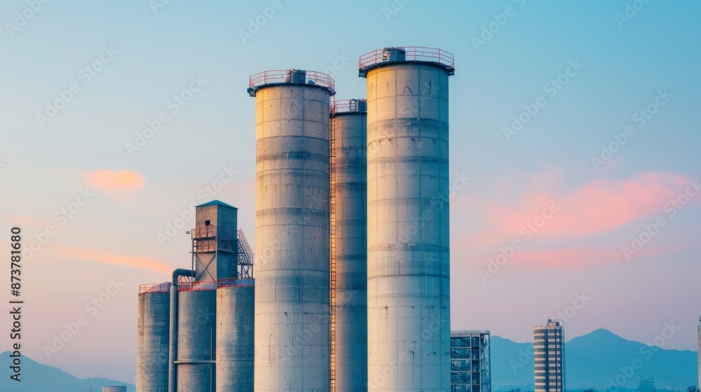 Industrial scene of a cement production facility, large silos and ...