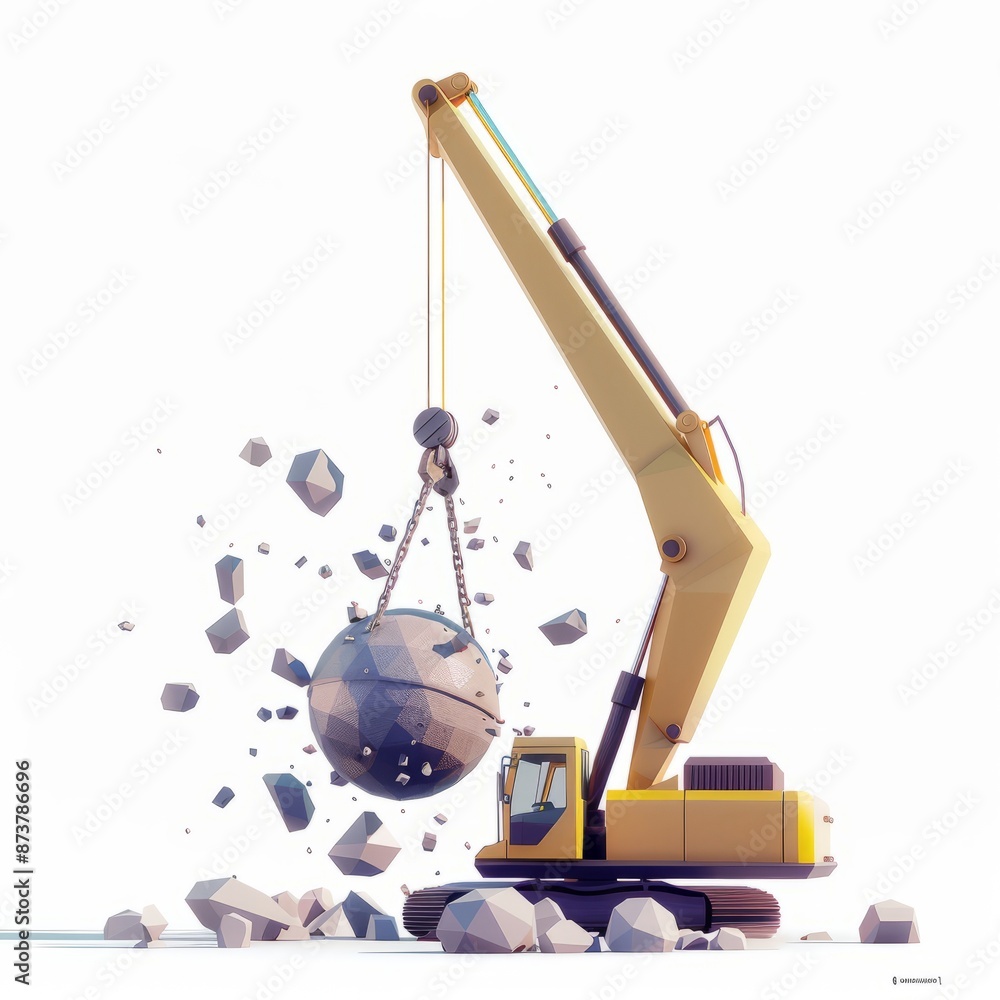 3D Render of a Low Poly wrecking ball swinging from a demolition crane ...