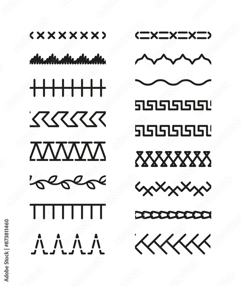 Overlock embroidery seams. Set of machine thread sew brushes. Line ...