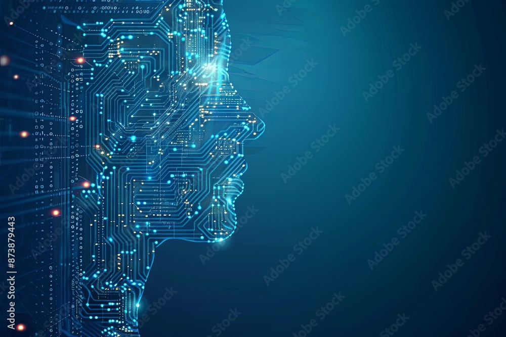 Abstract human head profile made of circuit board and binary code on blue background ...