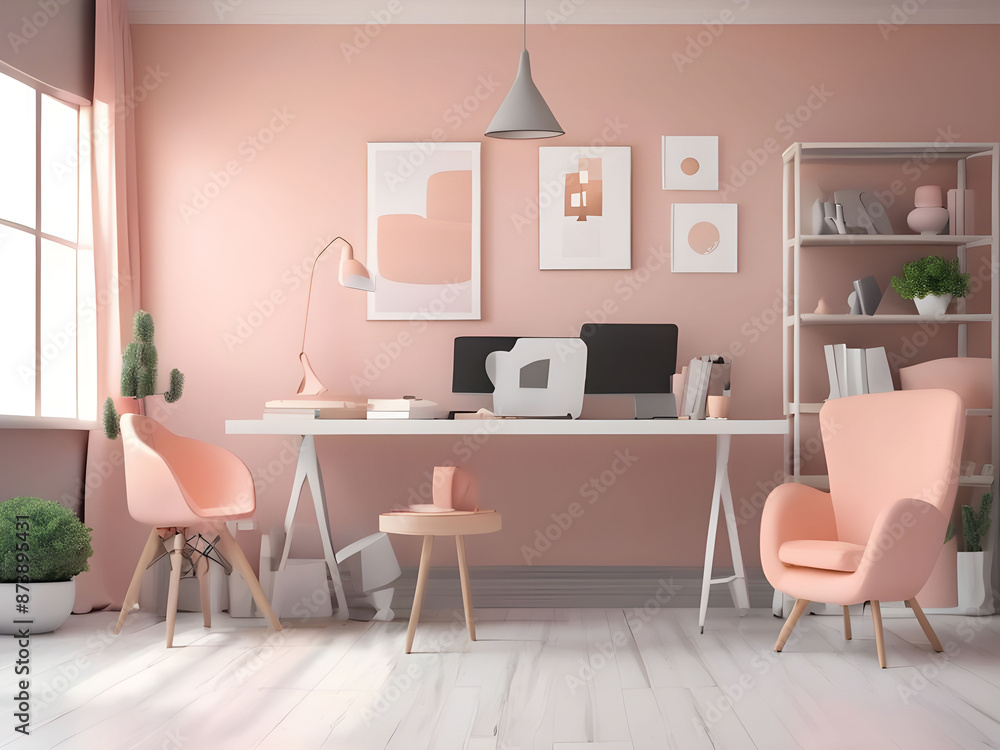 Workplace in peach fuzz 2024 color trend furniture. Painted gray walls ...