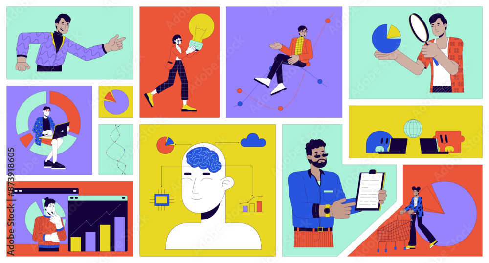 Data analytics people bento grid illustration set. Graph charts ...