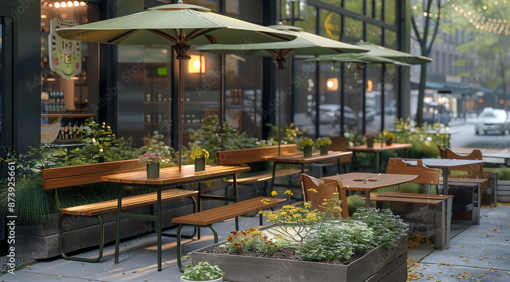 Outdoor seating areas, outdoor cafe tables with wooden bench tops and ...