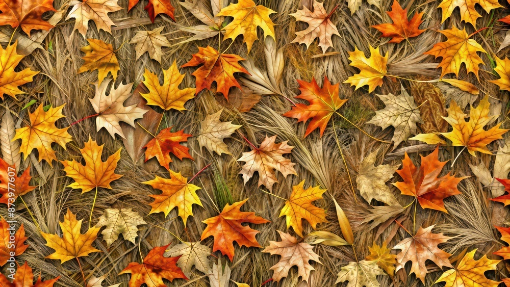 Autumn leaves on branches and dry grass seamless camo pattern texture ...