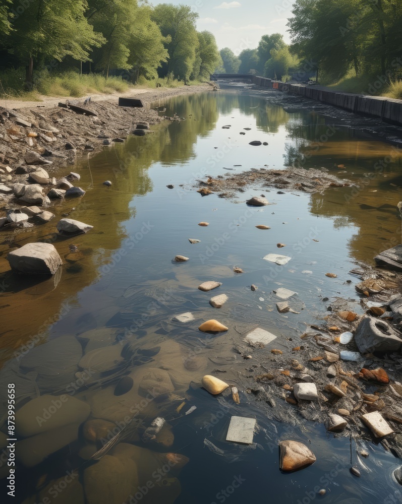 Detailed shot of a polluted river with floating debris and discolored ...