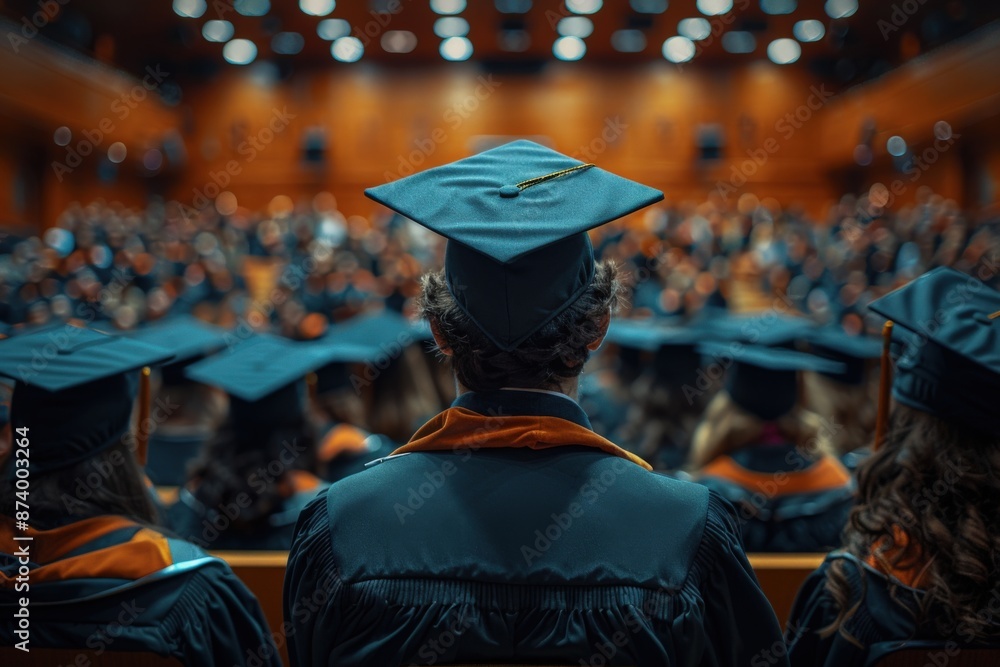 A graduation ceremony is in process, shown from behind a group of ...
