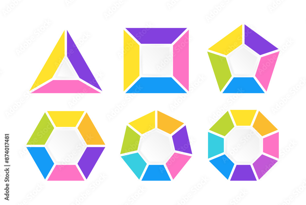 Segmented diagrams of geometric figures such as triangle, square, pentagon, hexagon, heptagon ...