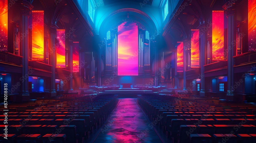 A 3D isometric illustration of a school assembly hall, featuring a ...