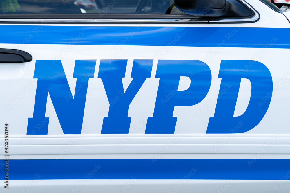New York City Police Department sign on an American police car. NYPD ...