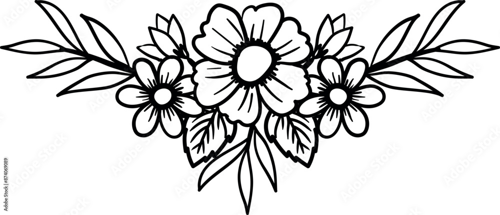 Wildflowers border line art. Flat isolated hand drawn flowers. Vector ...