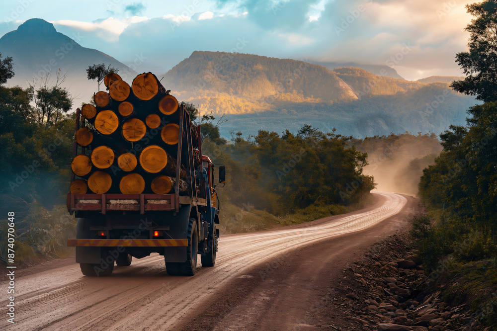 Logging truck transports timber through dusty rural landscape ...