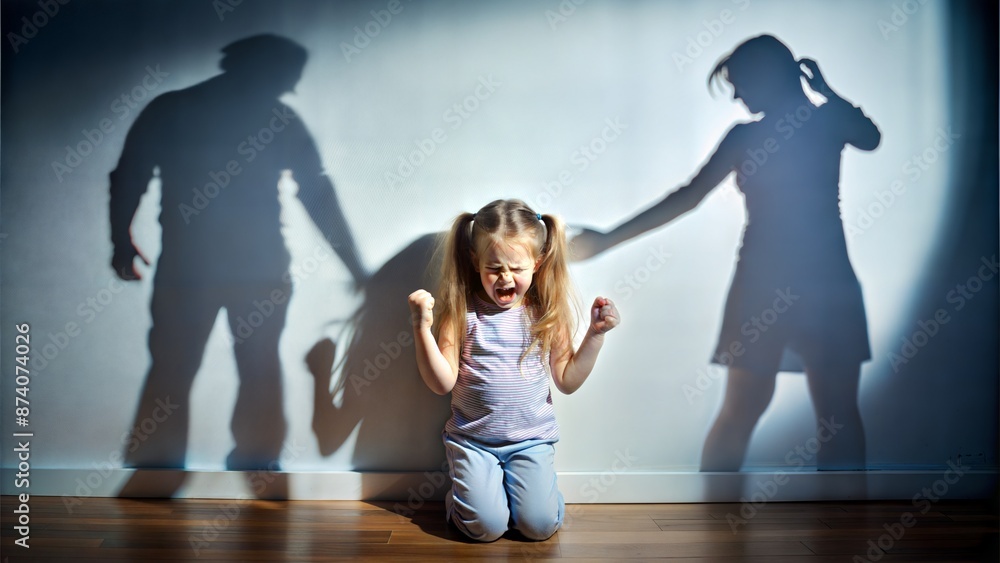 Little Girl Crying with Shadow of Parents Arguing - Home Violence and ...