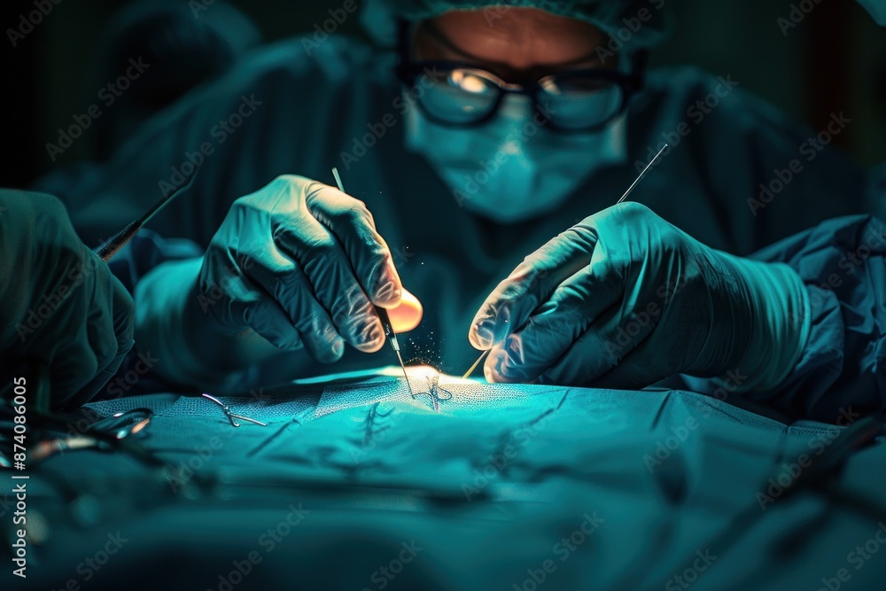 The surgical team carefully sutures the incision after a successful ...