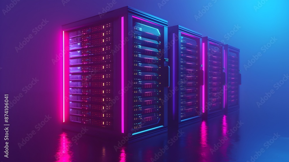 Neon-lit server racks in a futuristic data center with vibrant blue and ...