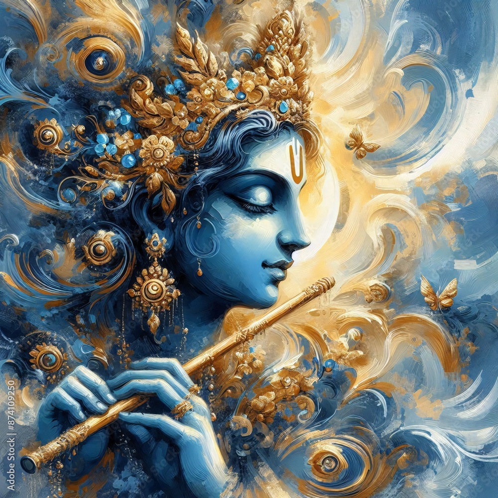 blue and golden oil paint brush stroke art of lord krishna with flute ...