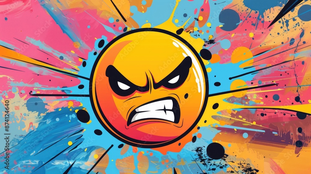 A vibrant cartoon illustration features an angry face emoticon boldly ...