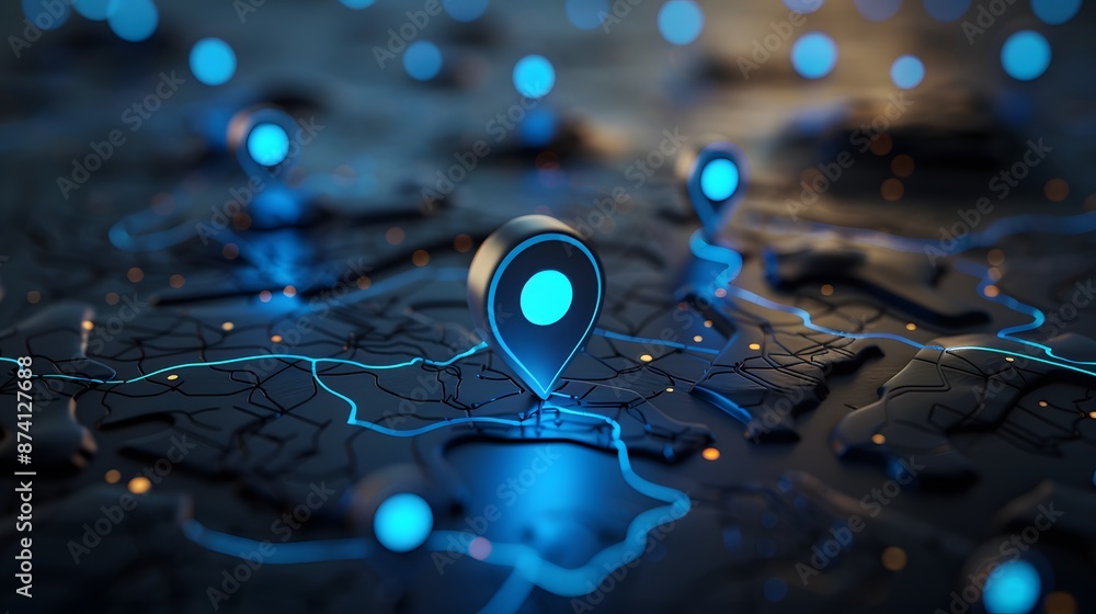 Blue location pin icon on an aerial map with multiple other pins ...