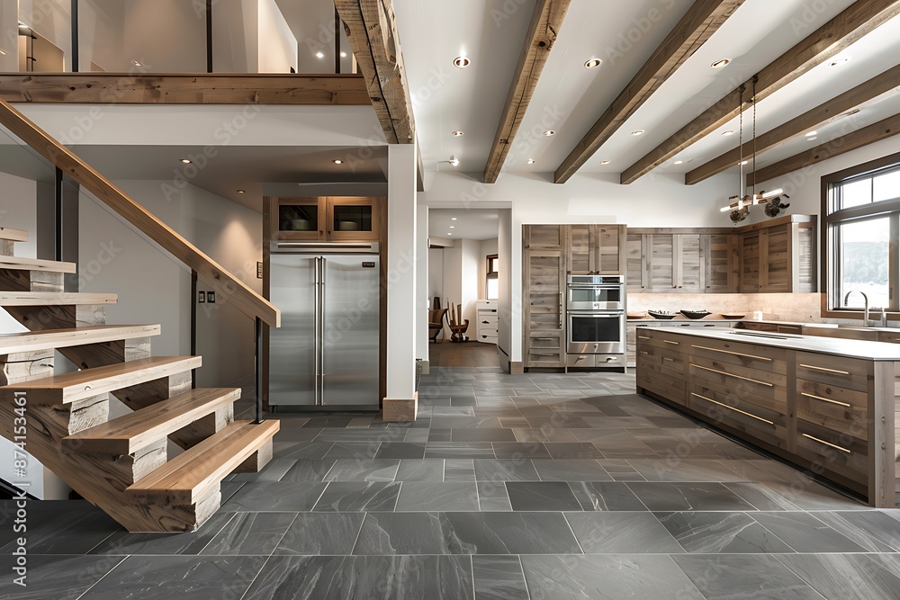 Open-concept kitchen featuring grey slate floors, wood cabinets, and a ...