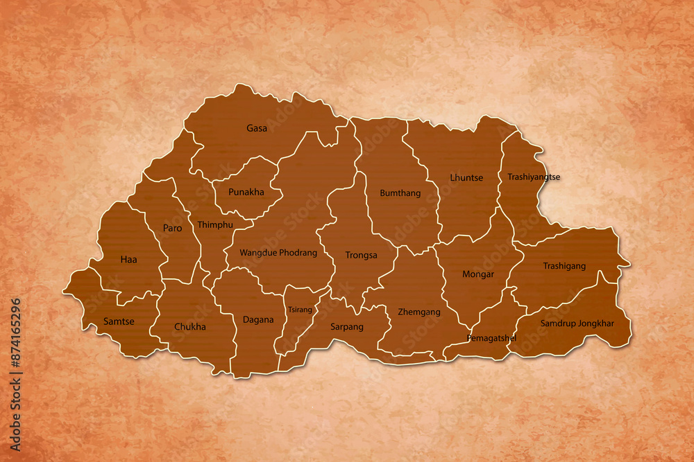 Bhutan Map. Bhutan Map with federal states in A vintage Color Texture ...