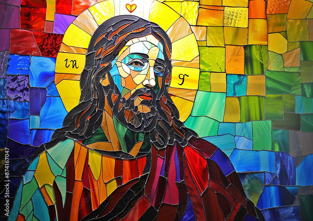Jesus Christ portrayed in a stained glass window style, vivid colors ...