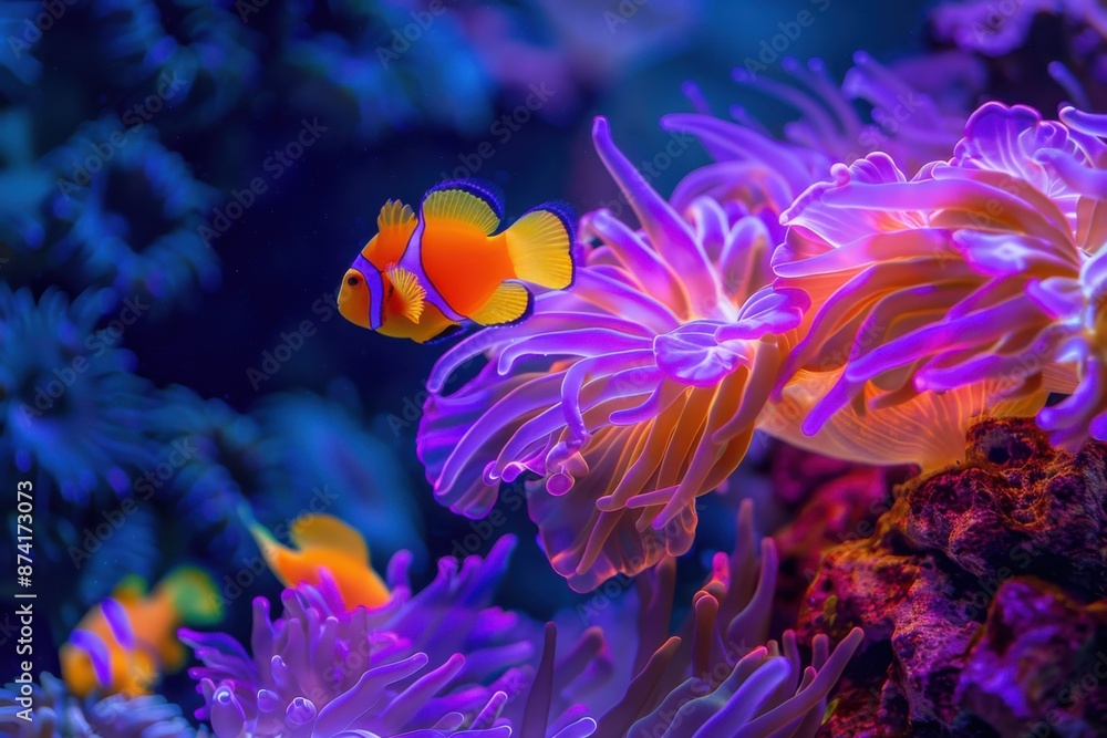 Fluorescent coral and fish under UV light, vibrant colors. Olympus ...