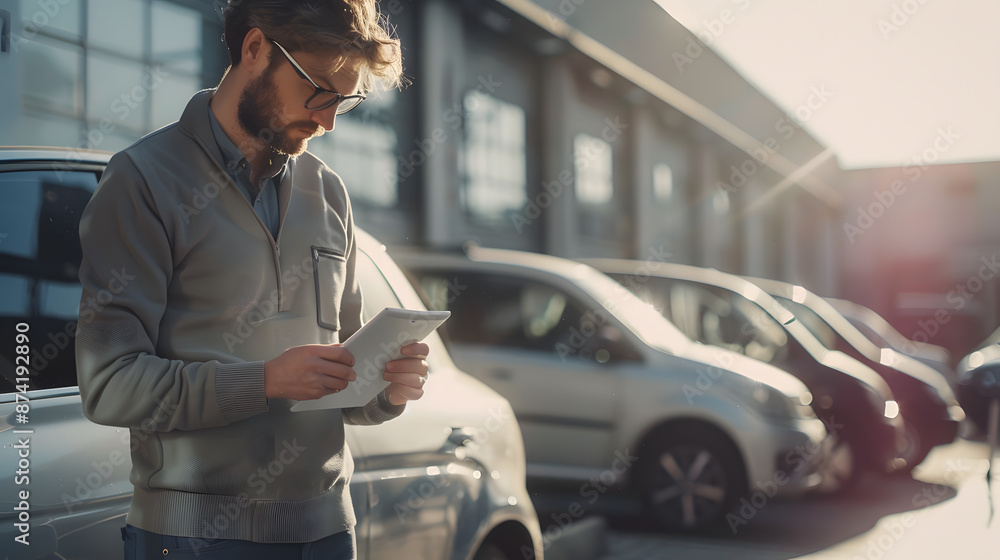 leasing agent is checking leased vehicle, ensuring it meets all return ...