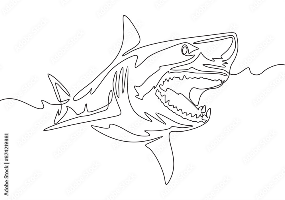 Single one line drawing sharks fish. Shark animals, scary jaws and ...