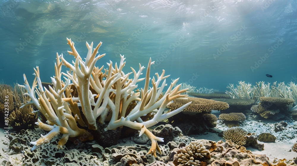 Coral reefs affected by bleaching, highlighting the impact of climate change on marine life ...