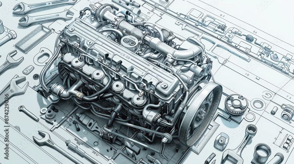 Detailed Technical Blueprint of a Car Engine with Surrounding ...
