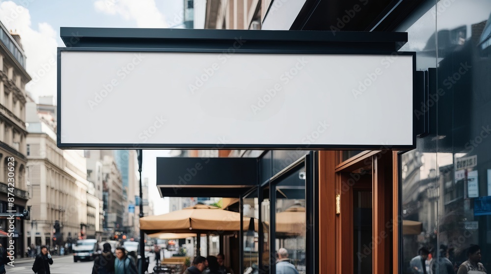Blank storefront square sign in urban setting, hangs prominently on the ...