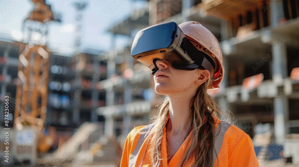 Female engineer wearing a VR headset and hard hat, exploring a ...