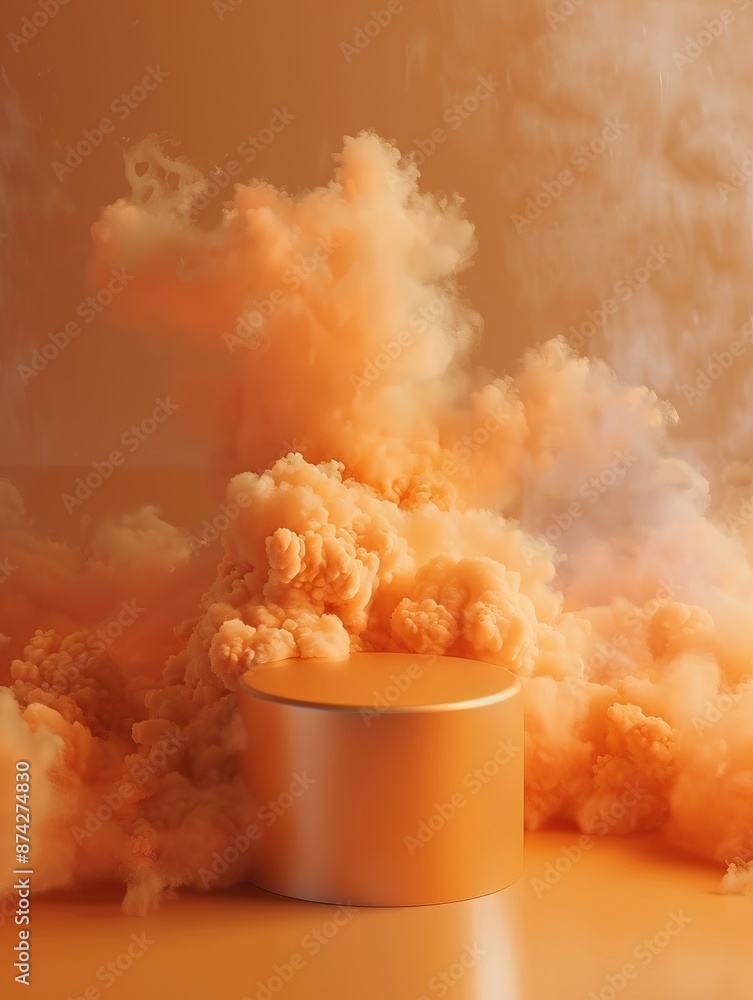 Abstract orange smoke cloud surrounding a cylindrical object, creating ...