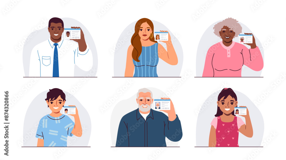 Set of people holding ID card. Happy men, women and children show ...