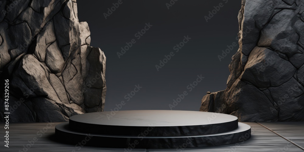 Dark and mysterious rocky cave with a single spotlight illuminating a ...