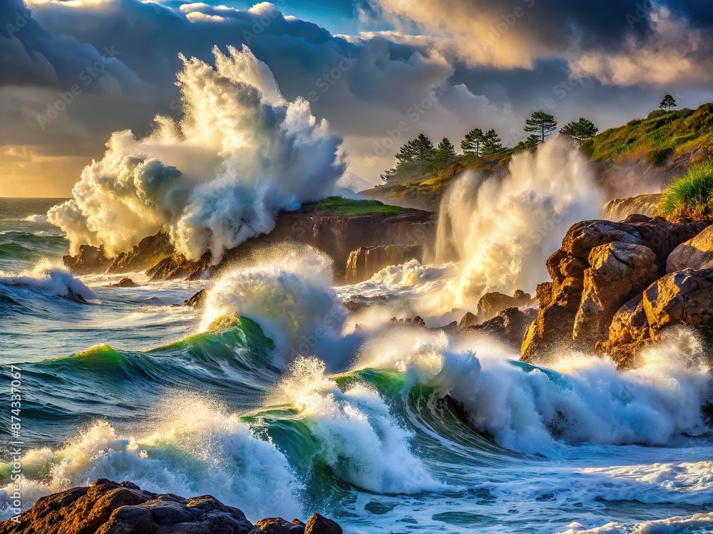 Fierce ocean waves violently crash against rocky shores, releasing ...
