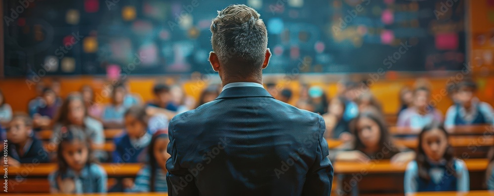 School director in a formal suit addressing a group of students in a ...
