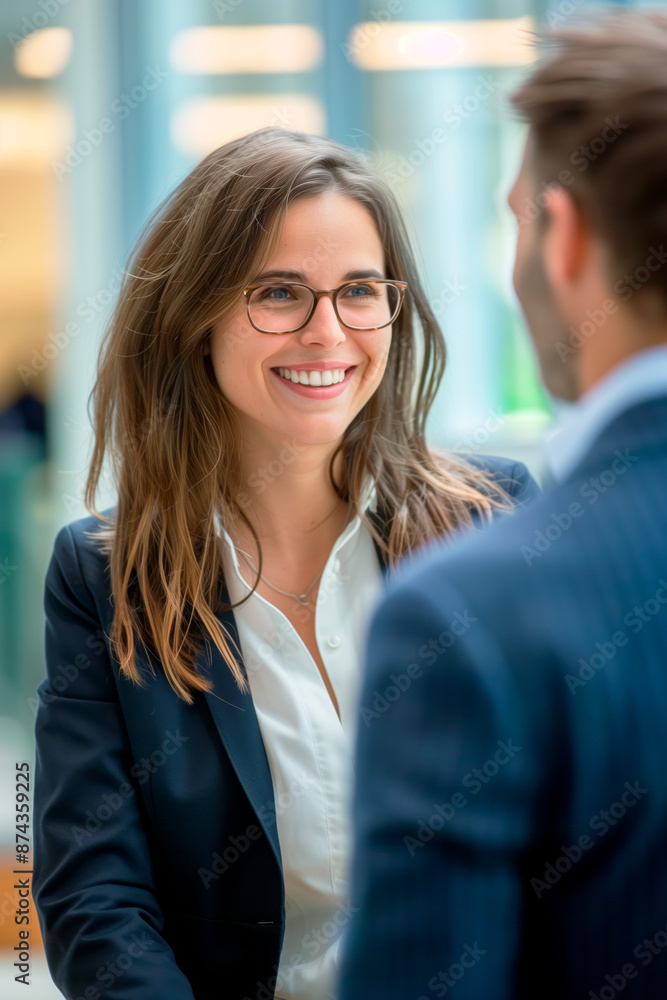 A cheerful businesswoman in a professional setting, engaging in a ...