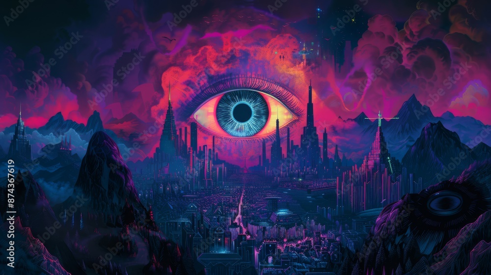 all seeing eye, psychedelic style vector illustration with fantasy ...