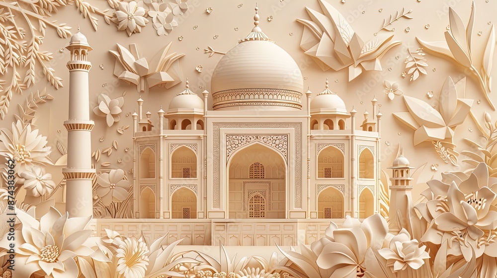 Taj Mahal and Sydney Opera House surrounded by detailed beige floral ...