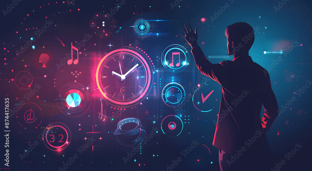 Time management concept. Businessmen holding virtual time management ...