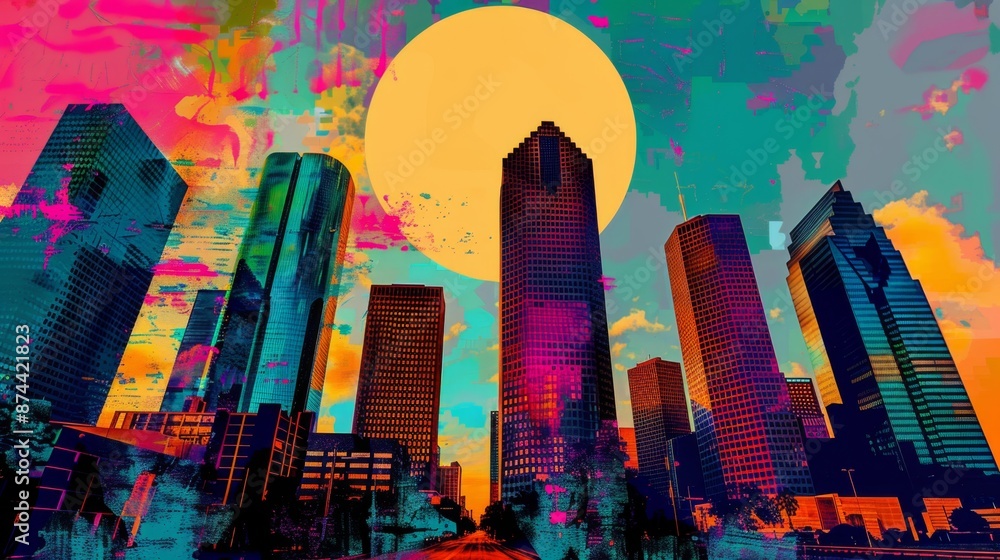 Houston City abstract collage illustration: skyline silhouette ...